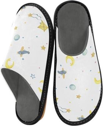 HMZXZ Pantoufles pour homme et femme, motif &eacute;toiles jaunes, lune, nuages, chaussons dint&eacute;rieur pour la maison, la chambre &agrave; coucher, les voyages, multicolor