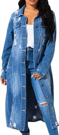 ORANDESIGNE Femmes Automne Casual Mode Denim Manches Longues D&eacute;chir&eacute; Veste Blouson Jean Bouton Veste Jacket Coat Outwear I Bleu 3XL