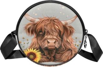 Generic Sac &agrave; bandouli&egrave;re rond pour femme, motif vache et tournesol avec fermeture &eacute;clair et bretelles r&eacute;glables