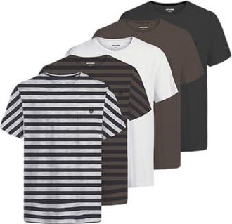 Jack & Jones Jprcclogan Lot de 5 t-Shirts à col Rond, Cloud Dancer-Pack : Noir Ardoise + Noir + 2xnightsky (rayés), L Hommes