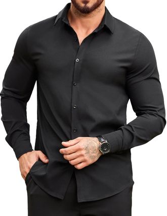 Coofandy Hemd Herren Langarm Regular Fit Button Down Businesshemd Oxford Klassisch Freizeithemd Schwarz XXXL