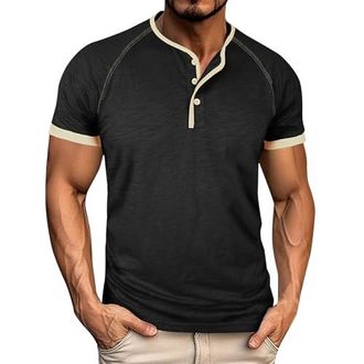 Generic DENGJIAMY Chemise Henley &agrave; manches courtes pour homme - T-shirt d&eacute;t&eacute; classique basique pour homme - V&ecirc;tements d&eacute;contract&eacute;s - Col en V boutonn&eacute;, Noir, 