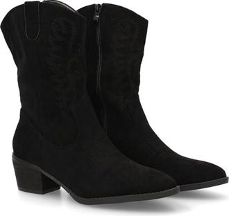 Shoes & Blues Botte Cowboy en dentelle moyenne avec broderies et pointe fine. Talon large confortable, idéale pour femme en saison automne., Noir, 37 EU