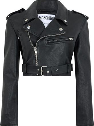 Moschino Veste motard courte en cuir - Femme - Vestes - Noir - Taille: 38 FR
