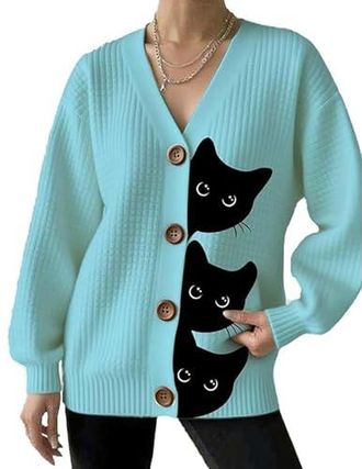 Generic Cardigan ample &agrave; imprim&eacute; chat dHalloween pour femme avec style dautomne et tissu tricot&eacute; confortable, bleu, XXL
