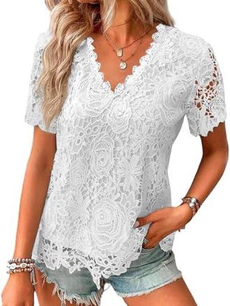 Generic T-shirt en dentelle pour femme - &Eacute;l&eacute;gant - Col en V - Manches courtes - Haut en dentelle confortable - T-shirt basique - Vacances - Tunique - D&eacute;contra
