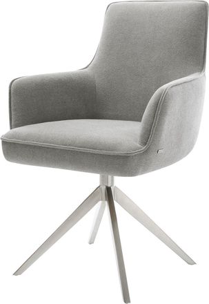 DELIFE Esszimmerstuhl Heira-Flex mit Armlehnen Kreuzgestell breit Edelstahl Strukturstoff Soft Grau 360&deg; drehbar Wippfunktion Taschenfederkern