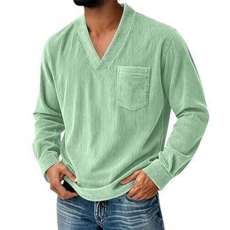Generic Chemise &agrave; manches longues en velours c&ocirc;tel&eacute; pour homme - Col en V - Coupe ample - Style d&eacute;contract&eacute; et tendance, vert clair, XXL