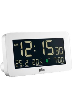 Braun Digitaler Wecker mit Datums-, Monats- und Temperaturanzeige, negativem LCD-Display, Schnelleinstellung und anschwellendem Alarm-Piepton in Weiß, Model