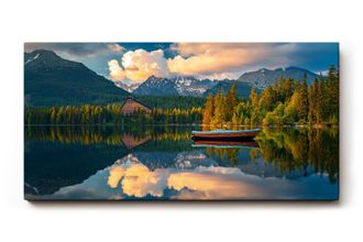 Paul Sinus Art Sinus Art Wandbild 120x60cm Berglandschaft mit Boot auf ruhigem See, umrahmt von Wald und Wolken