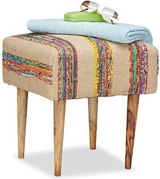 Relaxdays Hocker Vintage, Sitzhocker gepolstert mit Baumwollbezug und Massivholzbeinen, eckiger Fußhocker 40x40 cm, bunt