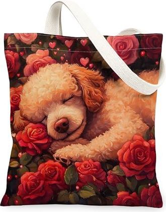 Generic Sac fourre-tout en toile motif caniche pour le shopping 33 x 38 cm, sac d&eacute;picerie r&eacute;utilisable pour la Saint-Valentin, motif roses romantiques, sac d&eacute;