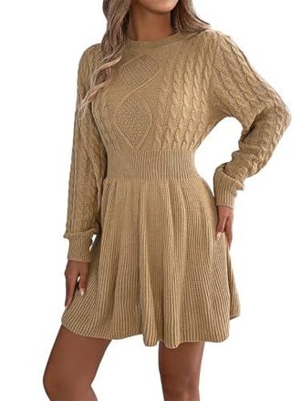 Generic Robe dautomne unie en tricot &agrave; taille courte cintr&eacute;e pour femme, col rond, manches longues, taille cintr&eacute;e, tenues tendance, kaki, XL