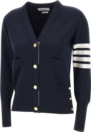 Thom Browne Femme, Pulls, Bleu, Taille: 38 FR Cardigan Classique Milano &agrave; Col V en Laine M&eacute;rinos Fine