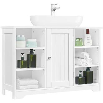 Yaheetech Meuble sous Lavabo Salle de Bain, Meuble Salle de Bain, Meuble Rangement sous &Eacute;vier, 6 Compatiments et 1 Placard, Toilette WC, 60 &times; 30 &times; 90 cm, Blanc
