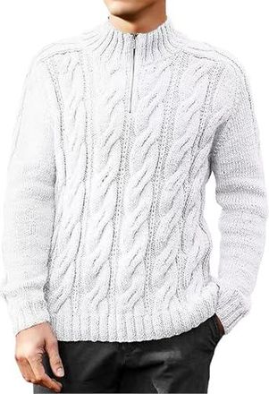 Generic Pull en Maille torsad&eacute;e pour Homme, col Montant, Manches Longues, Fermeture &eacute;clair, Style d&eacute;contract&eacute;, Doux, Blanc, Taille M