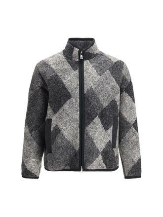 Moncler Mens Wool Blend Zip Cardigan With Diamond Pattern Black Fleece Sweatshirts Sweater