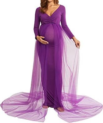 ORANDESIGNE Femme Robes de Maternité Robe en Mousseline sans Bretelles Accessoires de Photographie Fendu Devant Robe à Epaules pour Photos Tirer E Lila Foncé L