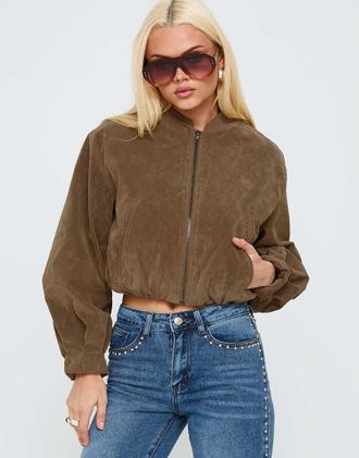 Princess Polly Mastery - Bomber court en imitation daim avec manches ballon - Marron-Brown