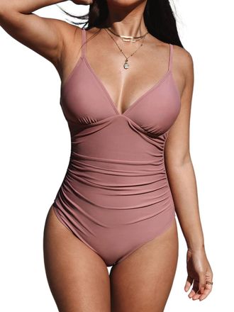 Cupshe Damen Badeanzug Triangel V Ausschnitt Bauchweg Raffungen Unifarben Einteilige Bademode Swimsuit Bohnenrosa XS
