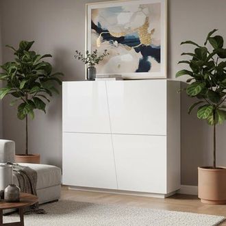 Dmora Kommode Pavel, 4-t&uuml;riges K&uuml;chen-Sideboard, Wohnzimmer-Buffet, 100 % Made in Italy, 120 x 43 x 126 cm, gl&auml;nzendes Wei&szlig;