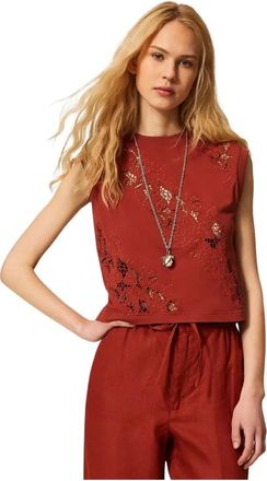 Twinset Femme, Tops, Brun, Taille: 38 FR Broderie Anglaise Tee