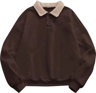 Generic Sweat &agrave; manches longues et col polo pelucheux pour homme : coupe d&eacute;contract&eacute;e, couleur unie, super doux, chaud, d&eacute;contract&eacute;, sans repassage, haut de g