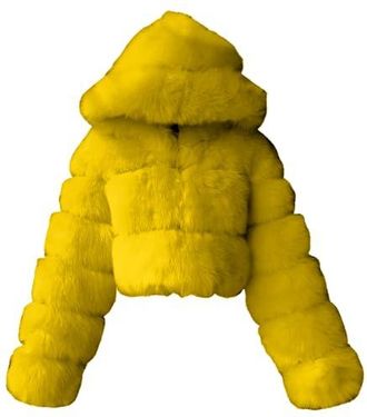 Generic Vestes pour femmes 2026 - Veste courte &agrave; capuche en fourrure chaude &agrave; manches longues, jaune, XL