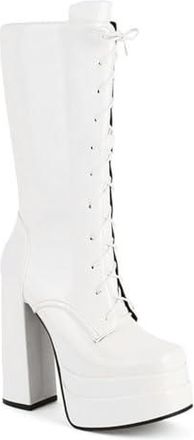 Generic Bottes mi-mollet à lacets avec bout carré et talon épais pour femme, blanc, 37.5 EU