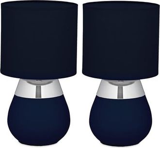 Relaxdays Tischlampe, 2er Set, Metallfu&szlig;, Stoffschirm, E14, H x D: 32 x 18 cm, Nachttischlampe mit Kabel, blau/Silber