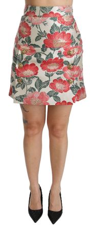 Dolce & Gabbana Womens White Green Red Floral High Waist Mini Skirt Polyester Silk