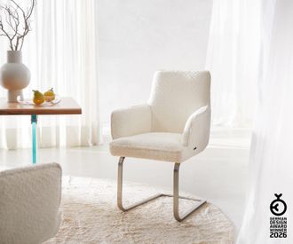 DELIFE Freischwinger Heira-Flex mit Armlehnen Boucl&eacute; Wei&szlig; Freischwinger flach Edelstahl Taschenfederkern, Esszimmerst&uuml;hle