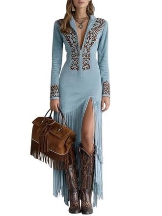 Generic Robe midi &agrave; franges en daim synth&eacute;tique &agrave; imprim&eacute; floral pour femme, style cowgirl vintage, fermeture &eacute;clair, fente lat&eacute;rale, coupe ajust&eacute;e, bleu clai