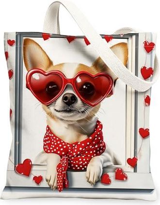 Generic Sac fourre-tout en toile motif chien chihuahua pour faire du shopping 33 x 38,1 cm, sac &agrave; bandouli&egrave;re r&eacute;utilisable avec fen&ecirc;tre amusante pour femme, p