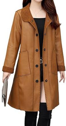Generic Manteau long dhiver en similicuir pour femme avec poches de col boutonn&eacute; sur le devant, coupe ajust&eacute;e, veste mi-longue tendance, marron, 4XL