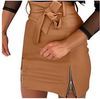 Generic Jupe Courte Pour Femme En Pu Cuir Sexy Taille Haute Jupe Crayon Avec Fente Zipp&eacute;E Et Ceinture Jupe Femme Chic Et Elegant Confortable Et Respirant D&eacute;T&eacute;