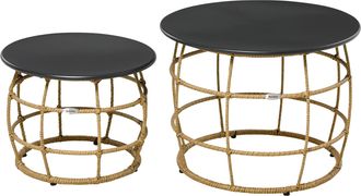 OUTSUNNY Beistelltisch 2er-Set, Ratten Couchtisch, Kaffeetisch mit Tischplatte aus Metall, Handgeflochtener Sofatisch für Garten, Balkon, Ø46+Ø60 cm, Sand