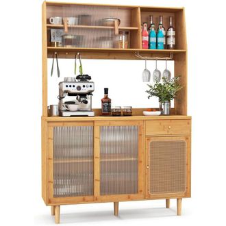 Costway Buffetschrank mit Aufsatz, K&uuml;chenschrank Bambus, K&uuml;chenbuffet mit Schiebet&uuml;r & Rattant&uuml;r & Haken & Glashalter & Schublade, Vorratsschrank