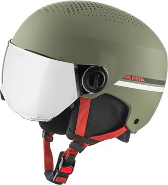Alpina ZUPO Visor Q-LITE - hochwertiger & sicherer Skihelm f&uuml;r Kinder, mit abnehmbaren Ohrenpolstern, mit kontrastverst&auml;rkendem Visier - Olive-red matt - S (