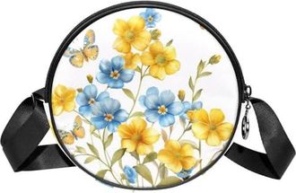 Generic Sac &agrave; bandouli&egrave;re rond pour femme, motif fleurs et papillons, petit sac &agrave; bandouli&egrave;re avec fermeture &eacute;clair, bretelles r&eacute;glables, sac &agrave; main rond d&eacute;co