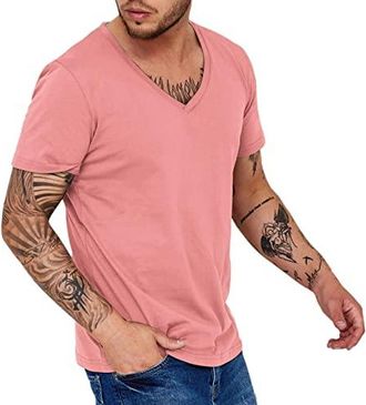 Generic Chemises pour hommes adultes été athlétique gym course sport t-shirt léger respirant col en V manches courtes Performance Tee, rose, XXL