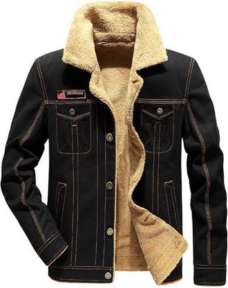 Generic Veste en jean doublée Sherpa pour homme - Manteau dhiver chaud - Coupe-vent épais - Veste en jean à revers en polaire - Manteaux dhiver boutonnés, Noi