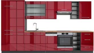 Vicco Küchenzeile Fame-Line, Bordeaux Hochglanz/Anthrazit/Anthrazit, 355 cm, AP Eiche