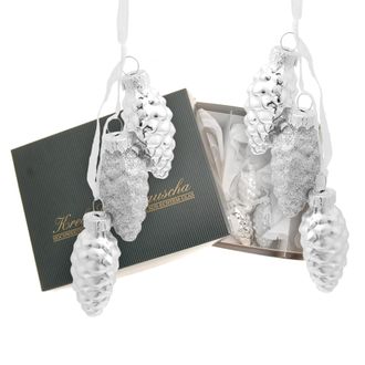 Krebs Glas Lauscha Weihnachtsdekoration/Christbaumschmuck aus Glas - Minizapfen mit Band - Farbe: Silber - 2 St&uuml;ck - Gr&ouml;&szlig;e: ca. 6 cm