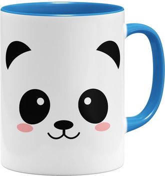 OM3 lustige Tasse mit Panda Bär Gesicht Pandagesicht Tiermotiv | Keramik Becher | 11oz 325ml | Beidseitig Bedruckt | Hellblau