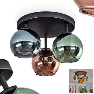 HOFSTEIN Deckenleuchte Belp, Deckenlampe aus Metall/Riffelglas in Schwarz/Gr&uuml;n/Blau/Kupferfarben, Leuchte im modernen Retro/Vintage-Design mit Schirmen aus Gla
