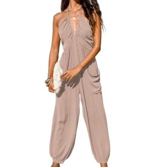 Generic Combinaison plongeante dos nu pour femme, barboteuse de vacances pliss&eacute;e sans manches, combinaison maxi en tricot, avec poche, cache-maillot de plage,