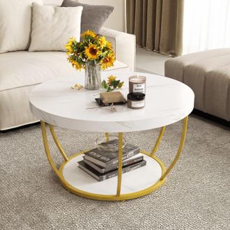 Giantex Runder Couchtisch mit 2 Ebenen, 80 x 80 x 45 cm, Wohnzimmertisch mit Holzoptik und Metallgestell, eleganter Nachttisch f&uuml;r Schlafzimmer, B&uuml;ro (Wei&szlig;)