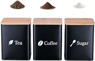 Relaxdays Vorratsdosen, 3er Set, Kaffee, Tee, Zucker, Metall, Bambusdeckel, HBT: 15x11x11 cm, K&uuml;chendose, schwarz/Natur