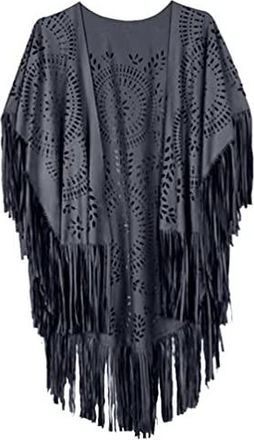 Minetom Poncho Femme Rétro Ouvert Châle Poncho Cape Cardigan Kimono Cover Up Wrap Veste Manteau Garniture à Franges Gris Foncé Taille Unique